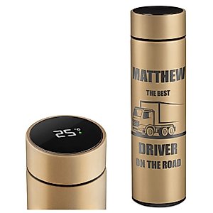 Maverton Personalized Travel Mug for man - Engraved 15,2 oz. vacuum insulated flask - Tea infuser - Gold Coffee Mug for Birthday - LED Temperature Display - Gadget for him - DRIVER