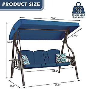 ZZW 3-Seat Outdoor Porch Swing with Stand, Patio Swing with Canopy, 2 in 1 Porch Swing Bed & Patio Swing Chair for Adult, Yard Swing w/Extra Pillows and Cup Holder (Blue)