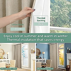 QUEMAS 100% Blackout Curtains for Bedroom Linen Look with White Backing, Grommet Total Light Blocking Thermal Insulated Boho Window Curtains for Living Room Noise Cancelling (52 x 72 Inch, Linen)
