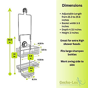 Gecko-Loc Long Adjustable Length Deep Storage Over the Showerhead Hanging Shower Caddy Organizer - Silver