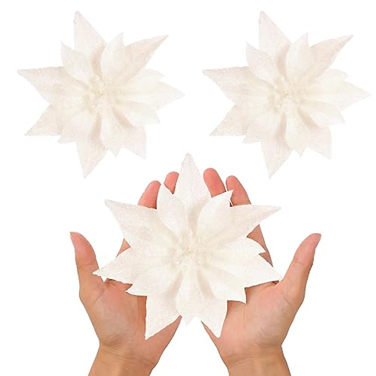 CEWOR 12 Pcs Christmas Tree Decor Flowers Glitter Artificial Poinsettia Flowers with Clips and Stems for Xmas Wedding Party Wreaths Decorations, 6.7 Inch (White)