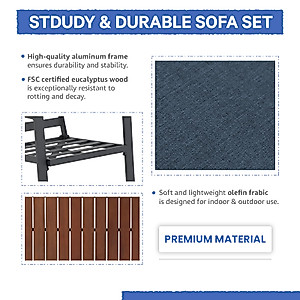 Soleil Jardin Aluminum Patio Furniture Set with FSC Certified Solid Wood Top Armrest & Coffee Table, Outdoor Deep Seating Sectional Sofa, 5 Piece Conversation Sets w/Removable Cushion, Denim Blue
