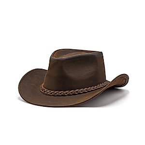 HADZAM Block Made of Grain Leather Cowboy hat for Men & Women Shapeable into Outback hat Great for Western Vintage Looks. Red Brown