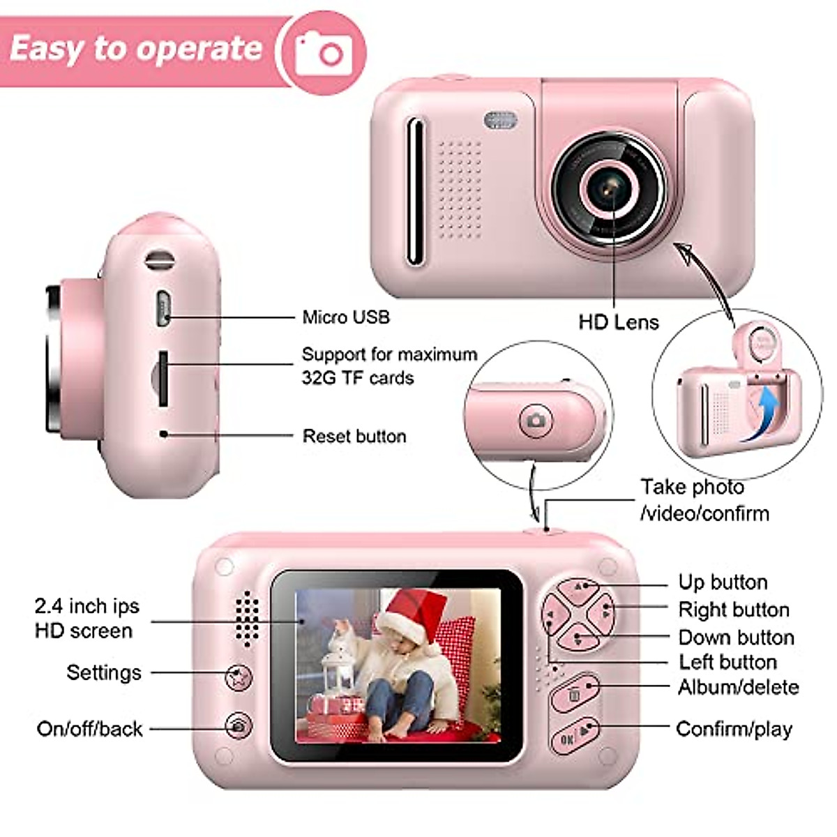 sikiwind Kids Camera for Boys and Girls, Digital Camera for Kids Toy Gift, Toddler Camera Birthday Gift for Age 3 4 5 6 7 8 9 10 with 32GB SD Card, Video Recorder 1080P IPS 2.4 Inch