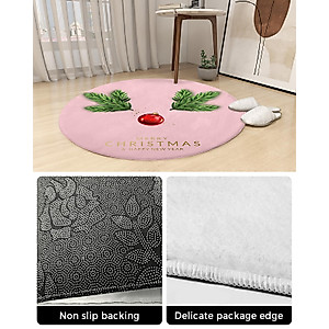 Blush Pink Christmas Fluffy Round Area Rug Carpets 4ft, Plush Shaggy Carpet Soft Circular Rugs, Non-Slip Fuzzy Accent Floor Mat for Living Room Bedroom Nursery Xmas Winter Pine Tree Leaf Green Gold