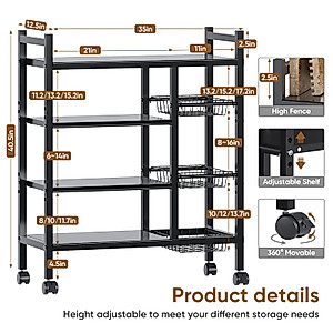 VZONE Storage Shelves, Adjustable 4-Tier Kitchen Organizers and Storage with 4 Wire Baskets, Metal Shelf Rack with Wheels for Kitchen, Pantry, Bathroom, Garage – Ideal for Kitchen Shelves