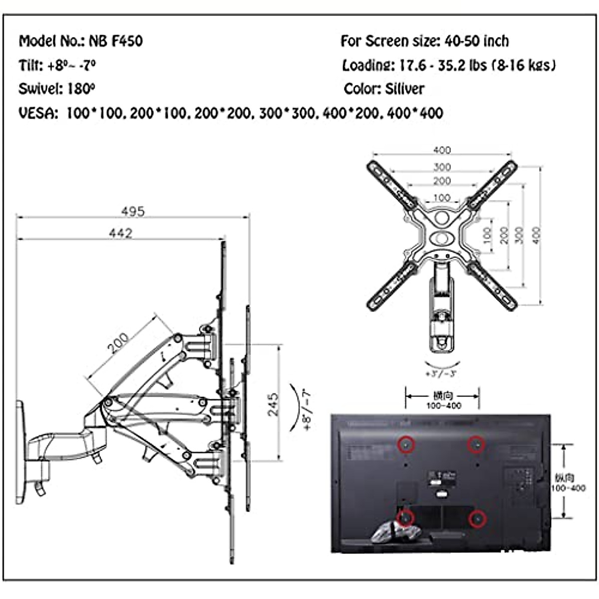 sgzyl Spring Dual Arm 40-50" 8-16kg Full Motion Monitor Wall Bracket LCD Tv Mount Holder Support