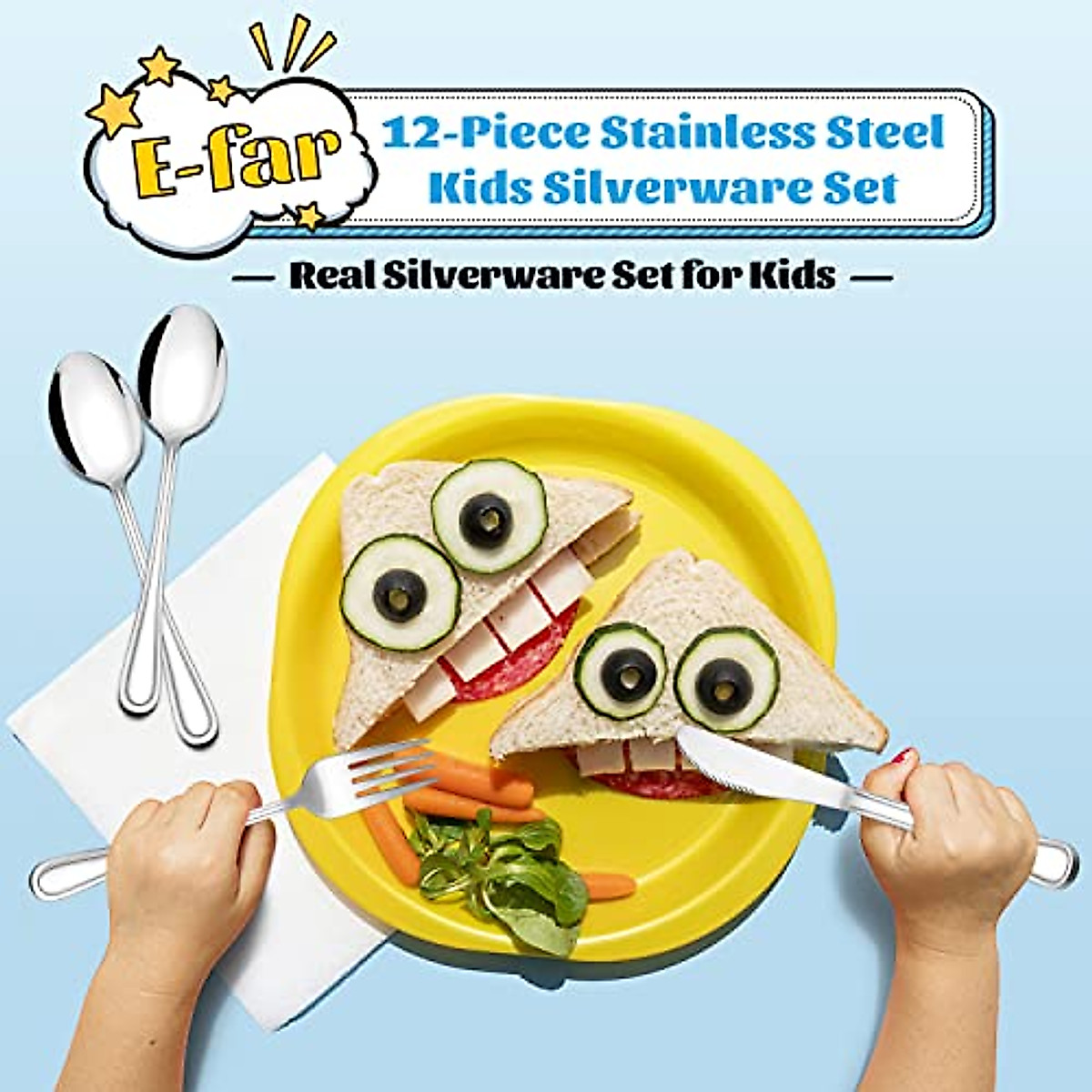 12-Piece Kids Silverware, E-far Stainless Steel Toddler Kids Utensils Safe for Preschooler/Children, Includes 4 Forks 4 Spoons 4 Knife, Slimline Adult Look & Small Size, Rust Free & Dishwasher Safe