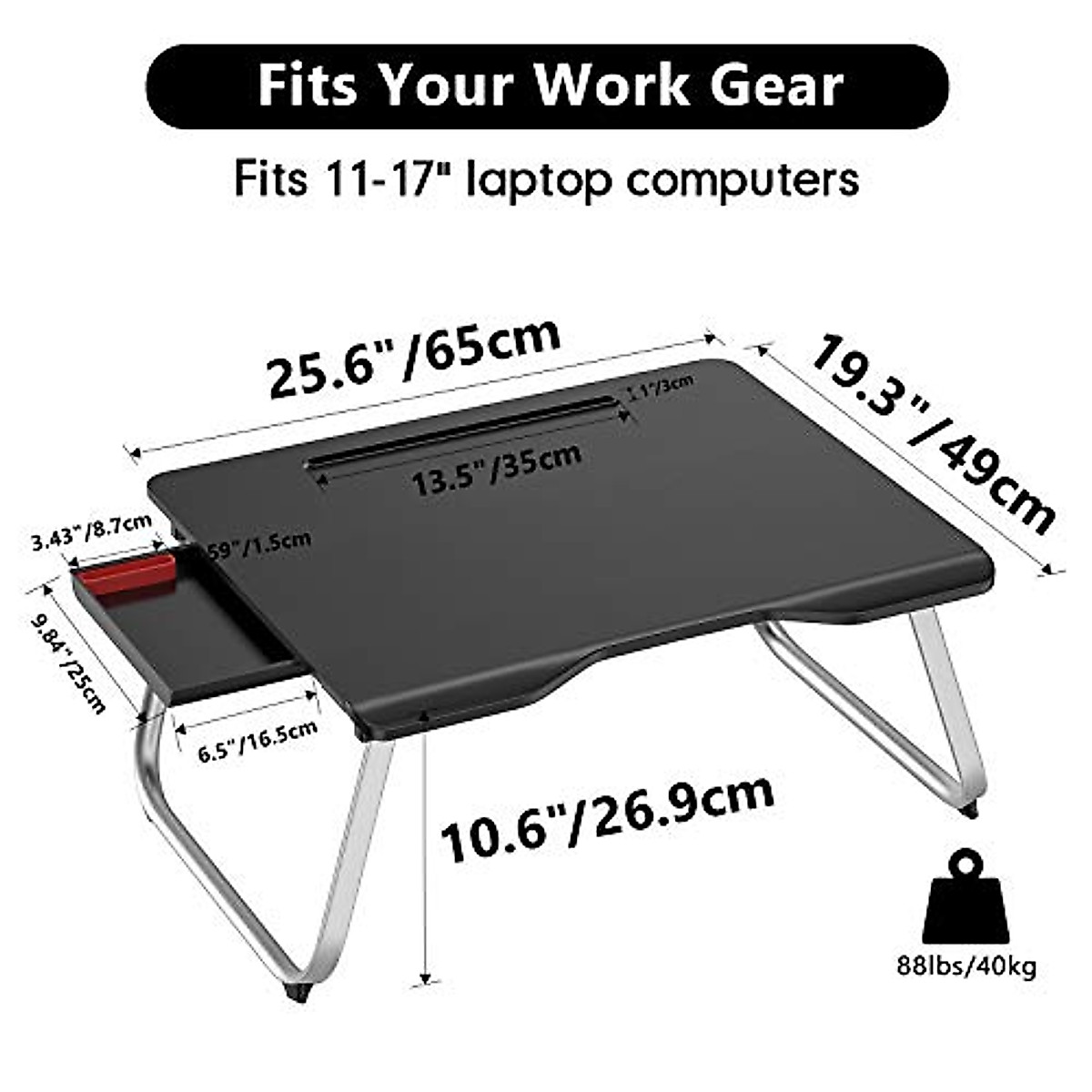 Laptop Bed Table, AboveTEK 25.6"x 19.29" Large Foldable Laptop Desk for Bed w/ Storage Drawer, Phone Holder, Book Tablet Stand, Cup Holder - Heavy Duty Lap Desk for Adults Bed & Sofa(Black)