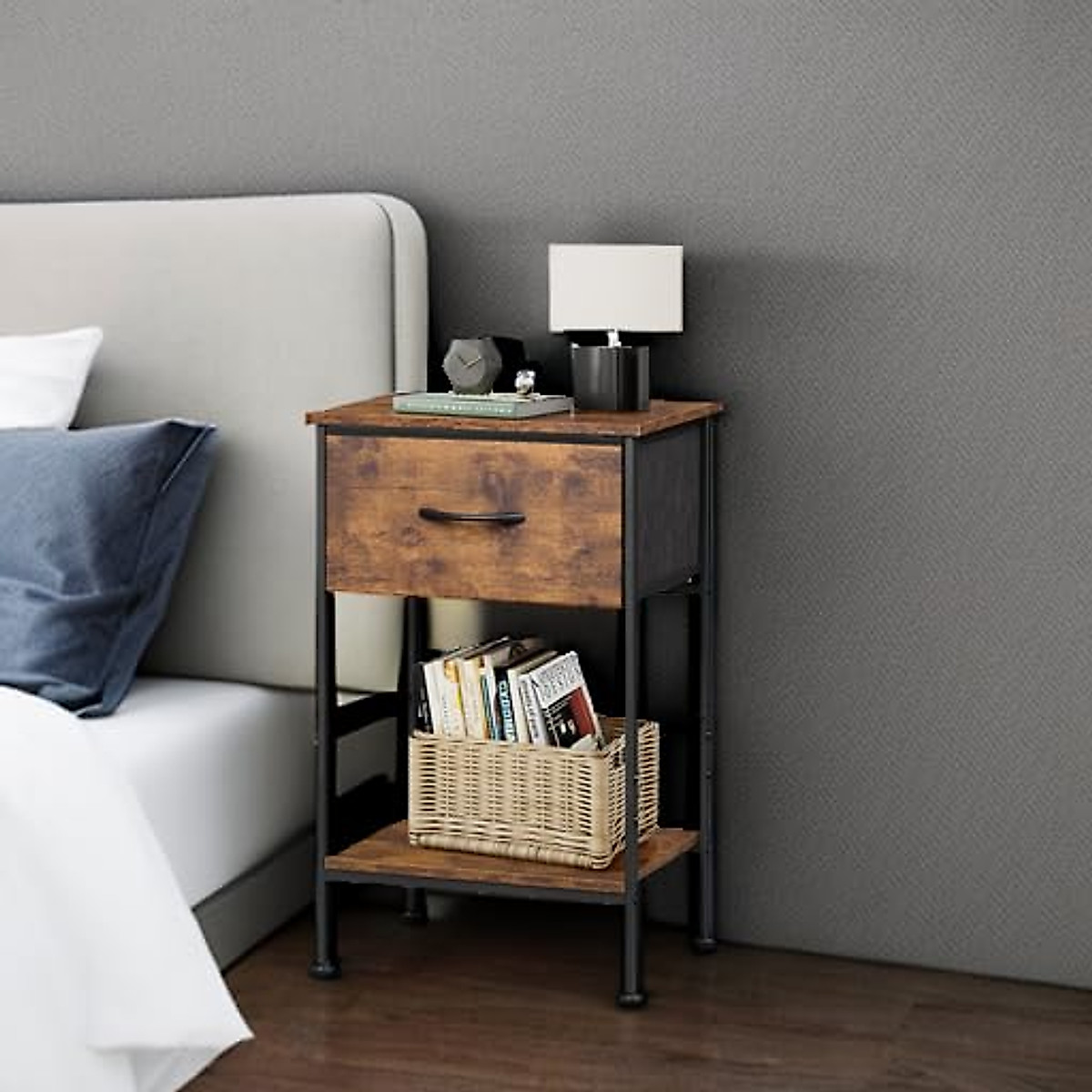 WLIVE Nightstand, Bedside Side Table for Bedroom, Dorm with Steel Frame, Night Stand End Table with Fabric Storage Drawer, Easy Assembly, Rustic Brown Wood Grain Print, 11.73''D 15.67''W 25.03" H