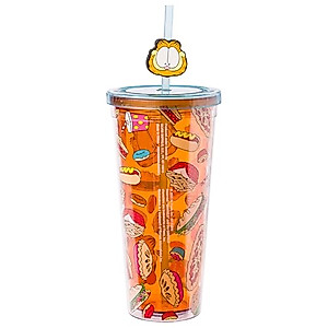 Silver Buffalo Garfield Junk Food Pattern Plastic Cold Cup with Lid and Straw Topper, 24 Ounces