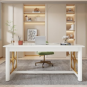 LITTLE TREE 63-inch White Executive Desk, Modern Office Desk with Stable Gold Metal Legs, Large Office Computer Desk, Home Office Business Furniture, Glossy White