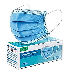 Tenergy Triple-layer Filtration Disposable Face Masks with Nose Clip and Ear Loops, 50 Pack Blue Masks