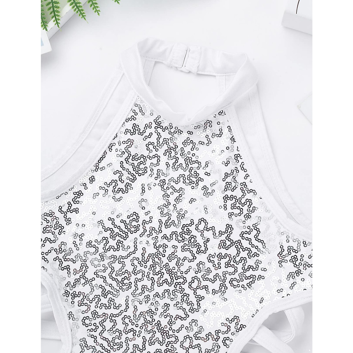Jowowha Girls Sparkly Sequins Cutout Back Gymnastic Leotards Halter Neck One-Piece Ballet Dance Unitard Top Bodysuit Jumpsuit White 10 Years