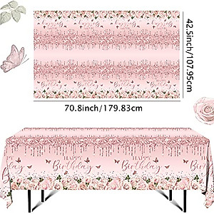 HAKOTI Pink Rose Gold Tablecloth Decoration - 3 PCS Happy Birthday Tablecloth Disposable Plastic Sequin Tablecloth Girls Birthday Wedding Party Tablecloths for 50th 60th 70th 80th Men or Women
