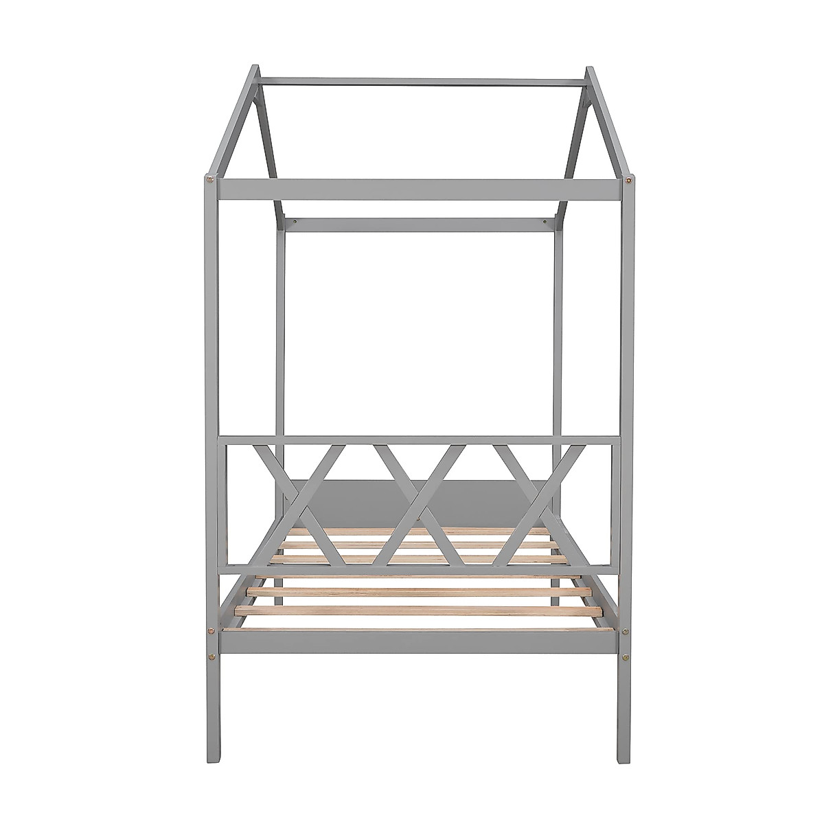 MERITLINE Children House Wood Twin Bed, Girls Twin Platform Bed, Toddler Play House Bed Frame, Play House Loft Bed for Kids, No Spring Box Need, Grey