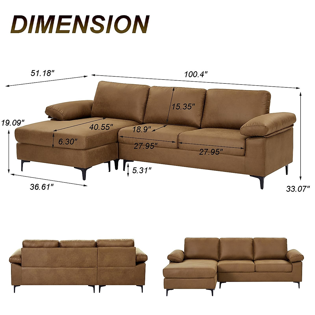 100.8" Sectional Sofa,Faux Leather Couch with Reversible Chaise,Mid-Century L Shaped Sofa Couch for Living Room, Apartment,Office (Brown, Loveseat)