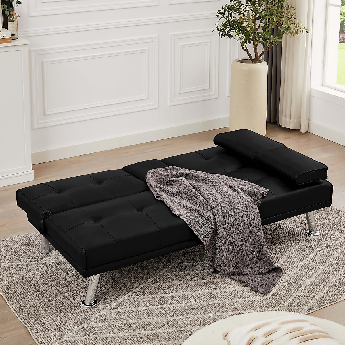 Generic Convertible Sofa Bed, PU Leather, Futon Folding Sleeper Sofa Couches with 2 Cupholders Adjustable Backrest Armrest Black Easy Assemble