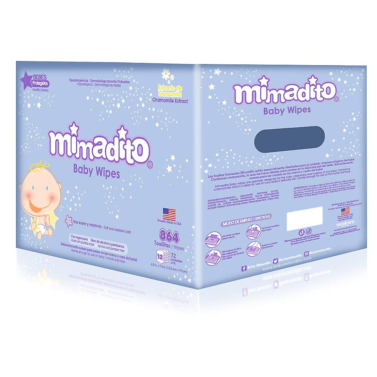 Mimadito Chamomile – Lightly Scented Baby Wipes (864 Wipes: 12 Packages of 72 Wet Wipes)