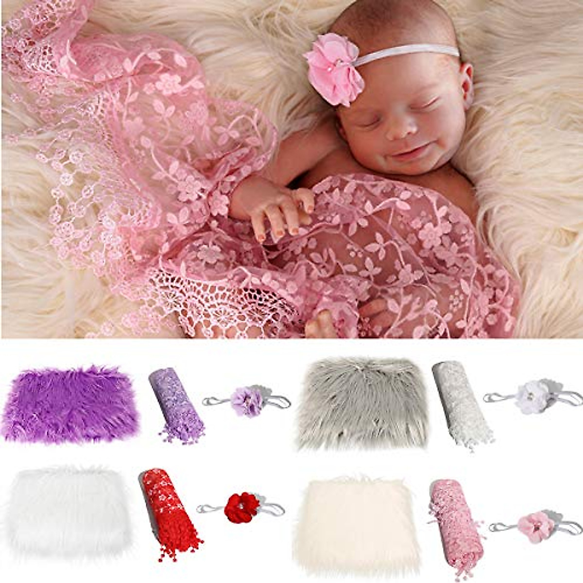 Yunnyp 3pcs Baby Photo Shooting Background Set,Baby Photo Props Fluffy Blanket + Wrap + Headband Set Newborn Photography Wrap Mat (Pink)