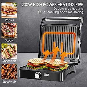 Aigostar Panini Press Grill, 4 Slice Sandwich Maker with Non-Stick Plates and Stainless Steel Surface, Opens 180 Degrees Indoor Grill, Removable Drip Tray, Indicator Lights, cool touch handle, 1200W