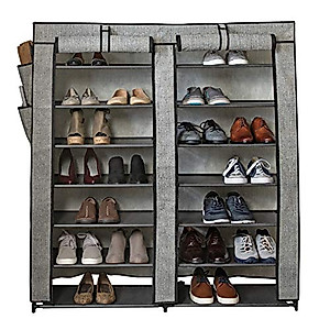 Simplify 7 Tier Double Wide 14 Shelf Shoe Storage Closet Organizer Rack with Cover and Side Pockets, Freestanding, Holds 42 Pairs, Good for Sneakers, Flats, Heels & Boots, Black