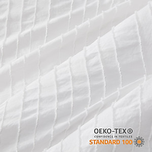 Bedsure Boho Comforter Set Queen - Bright White Tufted Bed Set, 3 Pieces Farmhouse Shabby Chic Embroidery Bedding, Striped Pattern Comforter for All Seasons