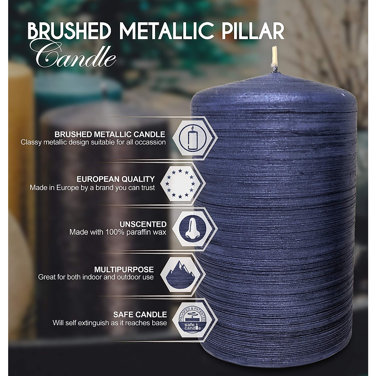 Hyoola Brushed Metallic Pillar Candles - 6 Pack - Navy Blue Pillar Candles - European Made Decorative Pillar Candles - 2.4 Inch x 4 Inch