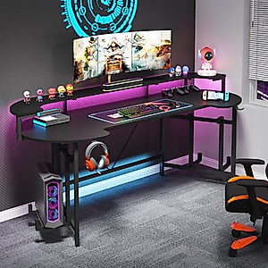 LITTLE TREE LED Gaming Desk with Monitor Shelf, Carbon Fiber Surface Gaming Table Gamer Workstation for Home Office, Black