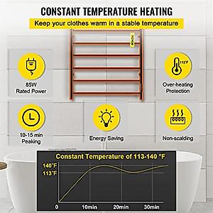 VEVOR Heated Towel Rack, 6-Bar Towel Warmer Rack, Wall Mounted Electric Towel Warmer, Electric Towel Drying Rack with Timer, Matte Black Stainless Steel Heated Towel Warmer for Bath, Plug-in/Hardwired