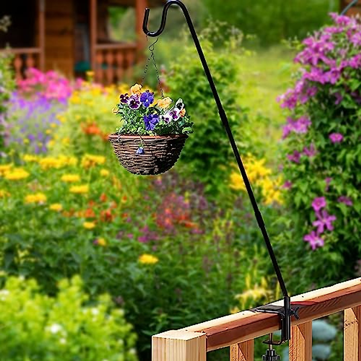 Juegoal Heavy Duty Deck Hook with 2 Inch Non Slip Clamp, 25 to 36 Inch Extended Reach Deck Hook, Adjustable Rail Pole Plant Bracket for Hanging Bird Feeder, Plants, Lanterns, Wind Chimes