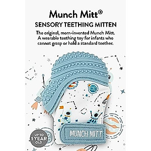 Malarkey Kids Patented Teething Mitten, Munch Mitt Baby Chew Toy - Protects Hands from Chewing & Saliva, Heals Aching Gums, Promotes Sound & Visual Stimulation for Babies - Outer Space