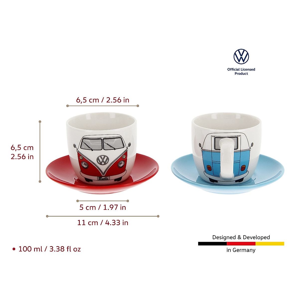 BRISA VW Collection - Volkswagen Espresso Cups Coffee-Tea-Cappuccino Set in T1 Bus Design (Bus Front/2 Colors/2-Piece Set/100ml/3.4 fl oz)