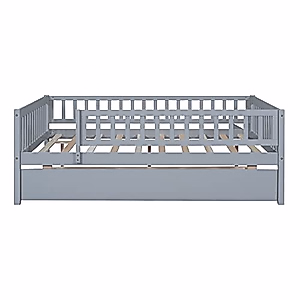 P PURLOVE Full Daybed with Trundle, Daybed Frame with Fence Guardrails, Wood Daybed for Boys, Girls and Young Teens, No Box Spring Needed (Gray)