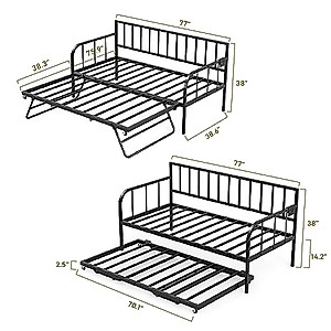CollaredEagle Daybed with Trundle, Adjustable Sofa Bed Frame with Charging Station, Metal Twin Daybed with LED Lights for Living Room, Bedroom and Guest Room, Black