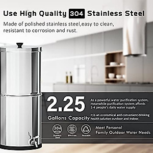 Ginkin Gravity-fed Water Filter System,with 2 Purification Filters for Home Camping Travel Outdoor Activities Emergencies,2.25-Gallon Stainless-Steel Countertop System with Stand