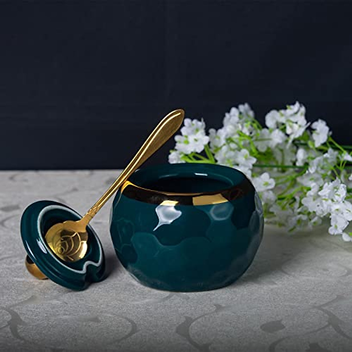 CLAPPER Ceramic Honey Jar with Lid and Gilded Spoon, Mini Honey Jars in Bulk 8OZ, Honey Pot Dispenser Container (Diamond Green)