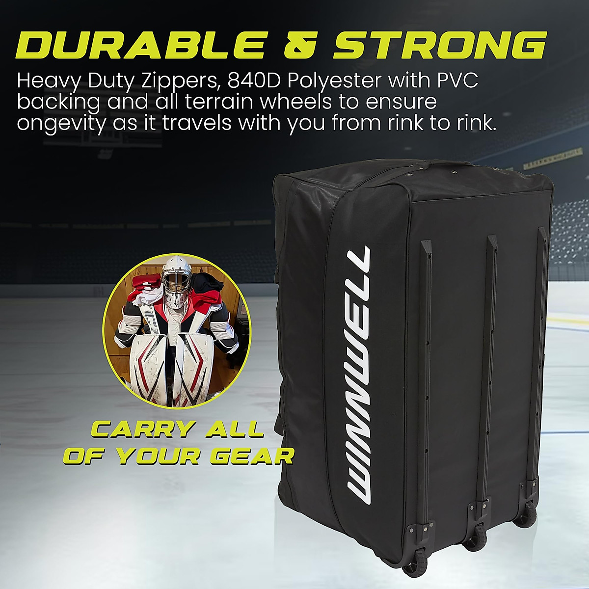 Winnwell Hockey Wheel Goalie Bag - Large Equipment Bag with Wheels to Store Goalie Gear - Made for Ice & Field Hockey Goalies - Junior