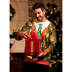 Arvilhill Christmas Men's Ugly Holiday Party Sweatshirt Tie Printed Light Bulb Long Sleeve Sweater Xmas Bells 2XL