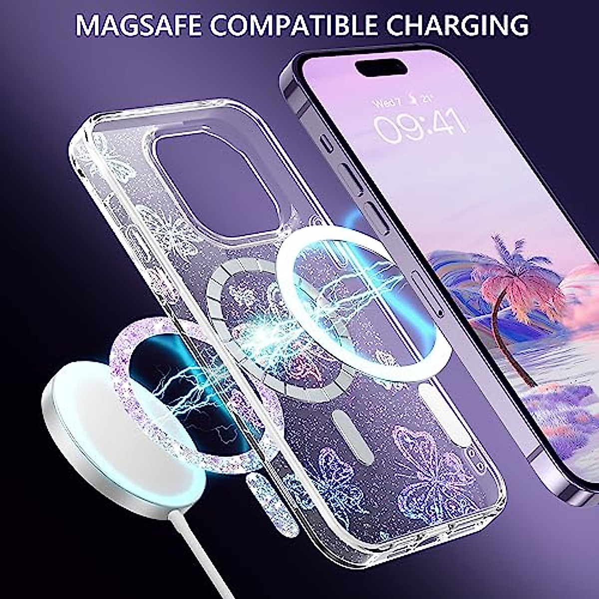 GUAGUA for iPhone 14 Pro Max Magnetic Case, Compatible with Magsafe Clear Glitter Butterfly Slim TPU Transparent Shockproof Protective Bling Phone Case for iPhone 14 Pro Max 6.7", Fantasy Butterfly