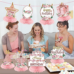 Aodocuto Pink Rose Gold Birthday Decorations Floral Honeycomb Centerpieces for Women Girls, 8pcs Floral Birthday Table Centerpieces Party Supplies, 16th 18th 21th 30th 40th 50th 60th Bday Table Topper