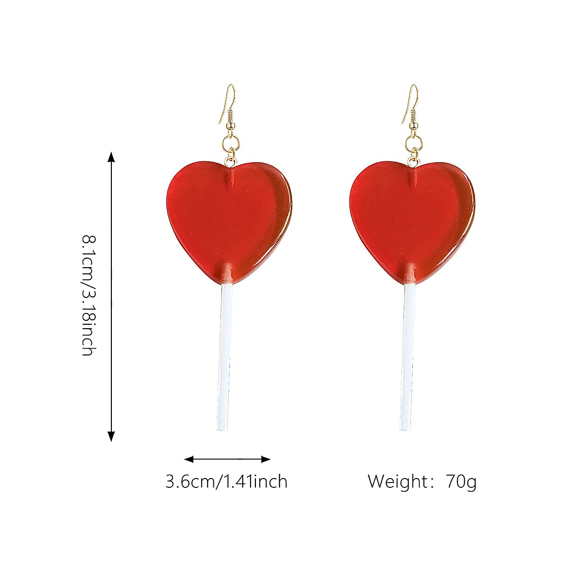 Food Sweet Cute Clear Transparent Heart Candy Resin Lollipop Earrings Resin Candy Earrings Costume Trendy Style Women Jewelry (Heart Candy Resin Lollipop Earrings-Red)
