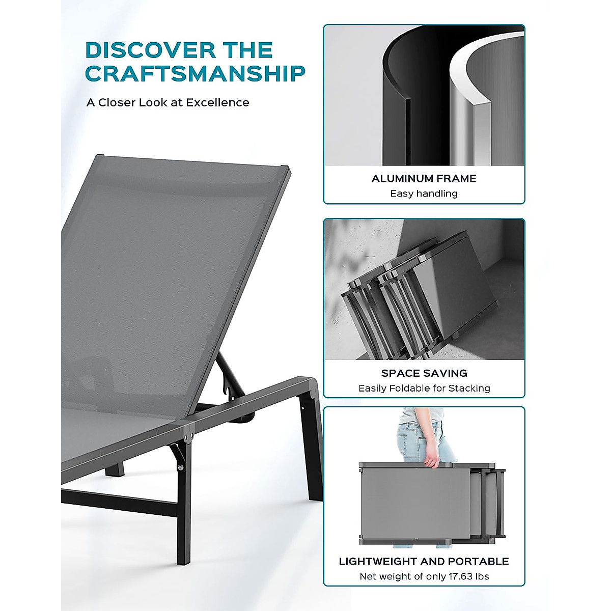 Aluminum Chaise Lounge Ourdoor - Foldable & Assemble Free Outdoor Lounge Chair with 5 Adjustable Backrest, Patio Lounge Chair for Outside Poolside Beach Pool, Grey