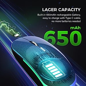 FENISIO Wireless Mouse, USB Computer Mouse 2.4G Rechargeable RGB Mouse Ultra Silent Cordless Mouse, Portable Computer Mouse for PC, Laptop, Desktop, MacBook, Windows (Aurora Purple)
