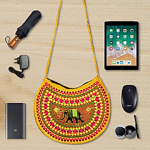 North Creed Crossbody Elephant Flora Embroidery Shoulder Bag, Indian Ethnic Travel Handbag with Zipper Pocket- Yellow