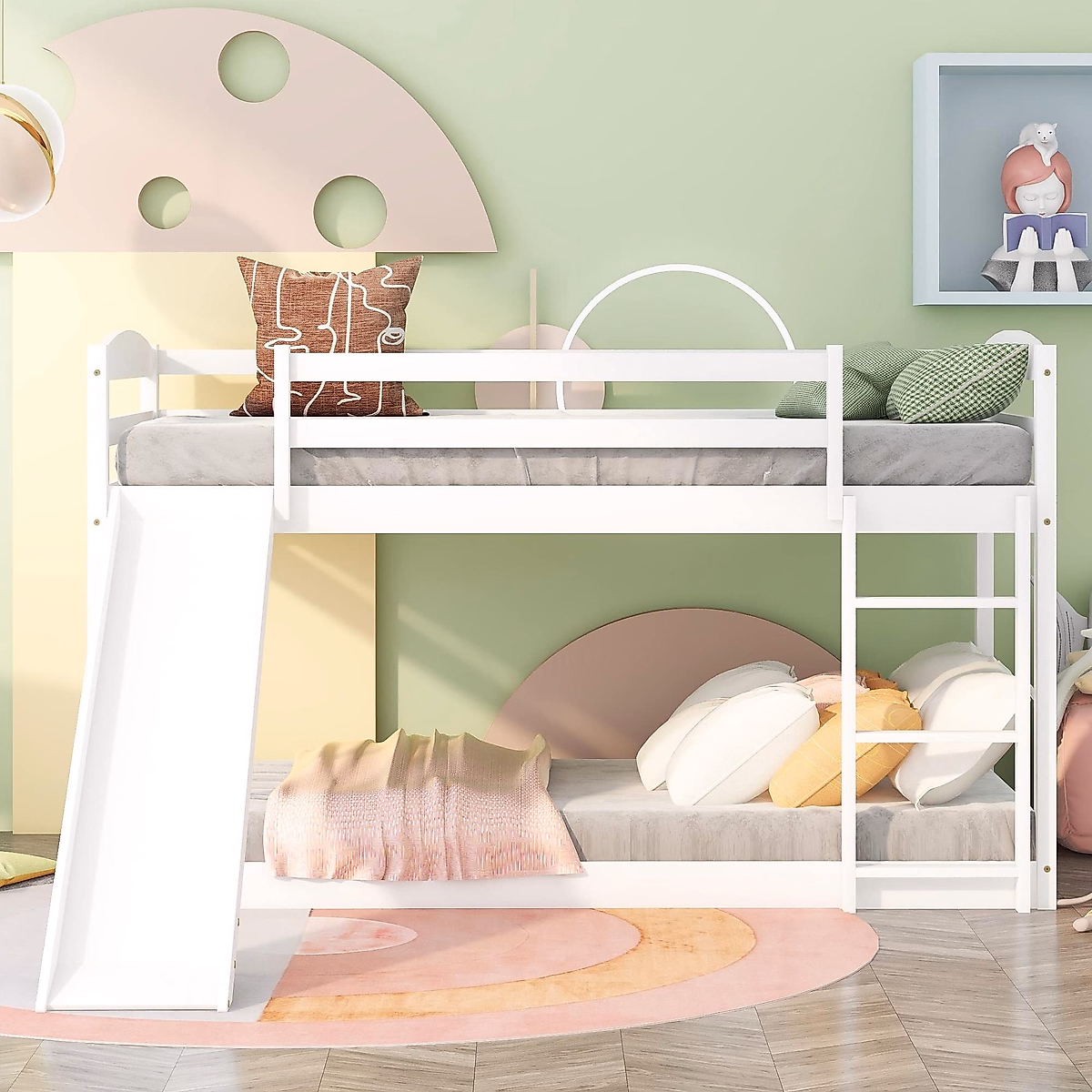 Harper & Bright Designs Bunk Beds Twin Over Twin,Wooden Bunk Bed with Slide, Low Bunk Bed for Kids with Ladder, Floor Bunk Bed Toddler,No Box Spring Needed,White