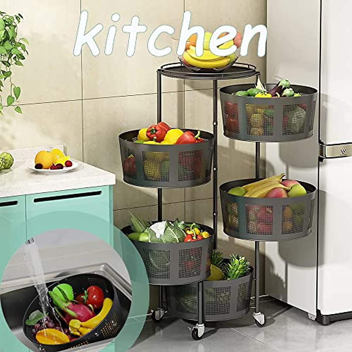 Rotating Storage Rack Metal Multi-Layer Stackable Storage Basket Cart Floor-Standing Layered Shelf Fruit Vegetable Snack Storage Bin with Wheels for Kitchen, Bedroom, Bathroom (Black, 5-Tier)