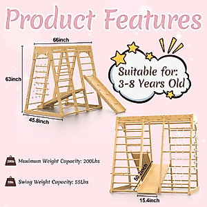 Baby Climbing Toys Indoor, 66inch Indoor Jungle Gym, Toddler Indoor Playground Set 8-in-1 with Armband, Swing, Monkey Bar, Slide, Rock Climb Wall, Wood & Rope Ladder, Rope Wall Ladder for Kids 1-8yrs