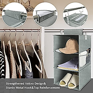 Vaisoz 3-Shelf Hanging Closet Organizers and Storage, Hanging Shelves for Closet Storage 2 Packs, Foldable Hanging Closet Shelves Clothes Organizer Grey
