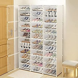 HaroldDol Shoe Rack 72 Pairs Shoe Organizer Narrow Standing, Transparent Plastic Shoe Storage Boxes with Doors, Stackable Shoe Storage Cabinet